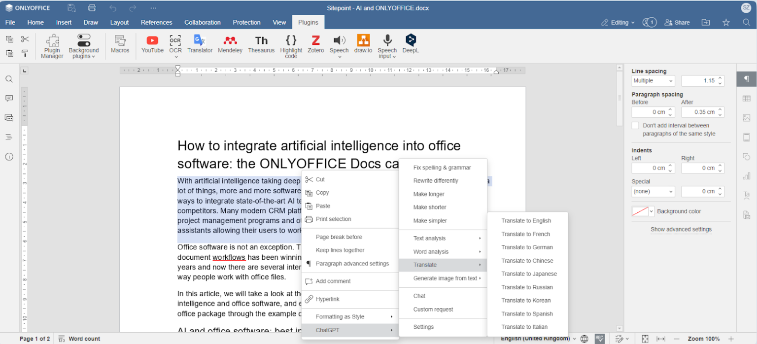 How to integrate artificial intelligence into office software: the ONLYOFFICE Docs case study